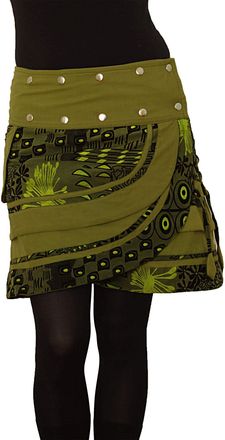 Purewonder Damen Wickelrock Baumwolle Rock mit Tasche sk196 Gr&uuml;n Einheitsgr&ouml;&szlig;e Verstellbar