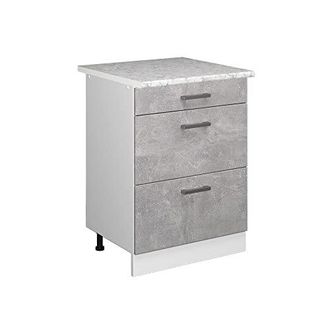 Vicco Meuble Cuisine R-Line, B&eacute;ton/Blanc, 60 cm avec tiroirs, PT Marbre