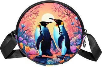 Generic Sac &agrave; bandouli&egrave;re rond pour femme, motif pingouin &agrave; dessin color&eacute;, petit sac &agrave; dos &agrave; bandouli&egrave;re avec fermeture &eacute;clair, bretelles r&eacute;glables, sac &agrave; mai