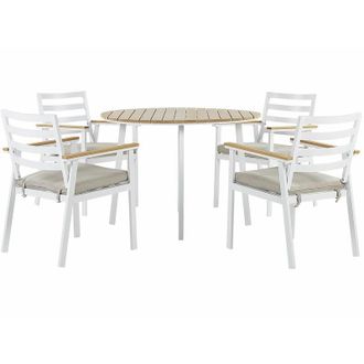 Beliani Gartenm&ouml;bel Set Tisch mit 4 St&uuml;hlen Wei&szlig; mit beigen Sitzkissen Alumunium / Kunstholz Outdoor Indoor Garten Salon Wohnzimmer Terrasse