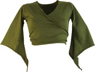 Guru Shop Elfen Top, Top Goa-chic, Wickeltop - Olive, Damen, Baumwolle, Size:L