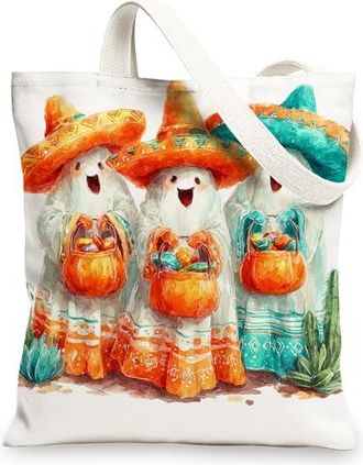 Generic Sacs fourre-tout en toile mignons fantômes colorés de style mexicain, sacs dépicerie réutilisables, légers et lavables avec bandoulière, coloré, 13x15