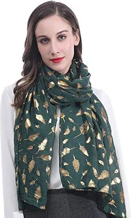 Lina & Lily Foulard Femme à Plumes Métallisées, Écharpe Tissu Léger 180cm X 75cm (Vert foncé-Or)