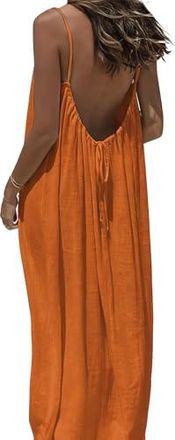 Generic Robe caraco dos nu de couleur unie pour femme, robe longue &agrave; bretelles spaghetti, robe d&eacute;t&eacute; longue avec noeud dans le dos, pour les vacances &agrave; la plag