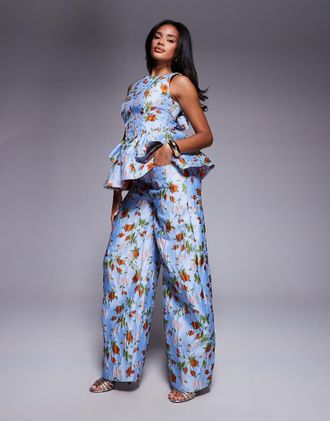 Asos Pantalon large en jacquard densemble &agrave; fleurs - Capri-Bleu