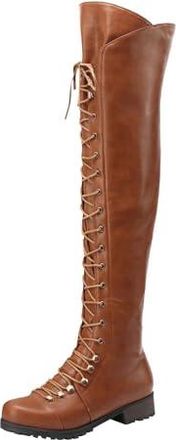 Generic Bottes cuissardes pour femme - Talon bas - Style d&eacute;contract&eacute; - &Eacute;l&eacute;gantes - Lacets - Fermeture &eacute;clair lat&eacute;rale - Confortables - Noir et marron, marron,