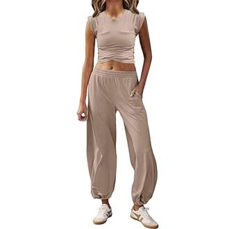 Generic Ensemble de surv&ecirc;tement pour femme automne 2026 - Deux tenues &agrave; manches longues et col rond - Haut et pantalon long - Surv&ecirc;tement de loisirs, kaki, XX