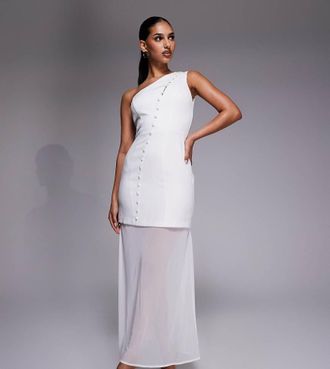 KAIIA Exklusiv - One-Shoulder-Maxikleid in Wei&szlig; mit durchgehender Knopfleiste und transparentem Saum