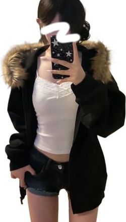 ORANDESIGNE Sweat &agrave; Capuche Femme R&eacute;tro D&eacute;contract&eacute; Manteau Courte Ajust&eacute; avec Fermeture &Eacute;clair et Col en Fausse Fourrure Y2k Sweatshirt Chic A Noir XS