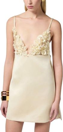 Elisabetta Franchi Femme, Robes, Beige, Taille: 42 FR Robe en satin duchesse avec fleurs 3D