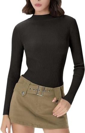 Generic Haut &agrave; col roul&eacute; c&ocirc;tel&eacute; uni &agrave; manches longues pour femme, pull en tricot chaud et ajust&eacute; pour le quotidien, le bureau et par temps froid, Noir, XXL