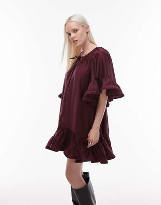 & Other Stories Halb-transparentes Minikleid in Burgunderrot mit R&uuml;schenkante an den &Auml;rmeln und Bindedetail am Ausschnitt-Brown