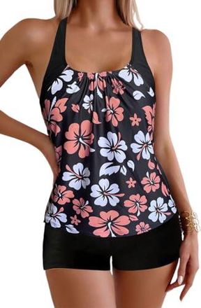 ORANDESIGNE Ensembles de Tankini pour Femme Tankinis Maillot de Bain 2 Pieces Tankini Set à Fleurs Grande Taille Beachwear Imprimé Rembourré Bretelles Réglables H