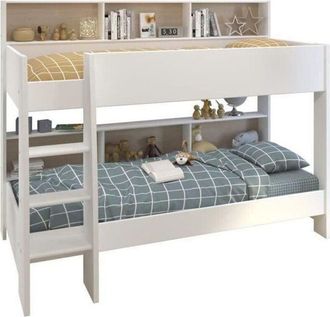 Les Tendances Les Tendances - Lit superpos&eacute; 90x200 cm en panneaux de particules blanc ch&ecirc;ne Brooklyn - &Eacute;chelle large et bords &eacute;lev&eacute;s - 3 niches de rangement