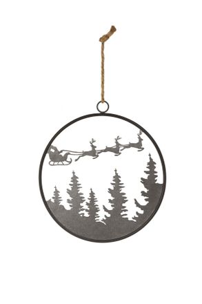 Riffelmacher & Weinberger Riffelmacher Dekoring Rentierschlitten über Landschaft | 30 cm | Schwarz Grau | Metallring mit Kordel | Fenster Wand Hänger Weihnachten | 10198