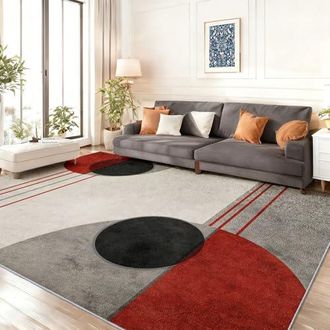 Generic Gris Rouge Tapis pour Salon 160 x 230 cm, Lavables avec Dos Antid&eacute;rapant, Tapis &agrave; Poils Courts Imprim&eacute; Abstrait Vintage Lignes G&eacute;om&eacute;trique pour Cuisin
