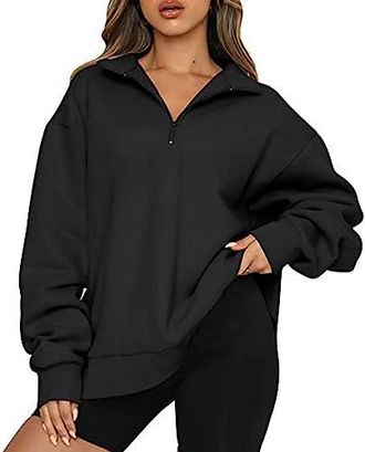 Generic Pull &agrave; manches longues pour femme avec demi-fermeture &eacute;clair - Surdimensionn&eacute; - Sweat &agrave; capuche - Chemisier tendance pour lautomne - V&ecirc;tement &agrave; col ro