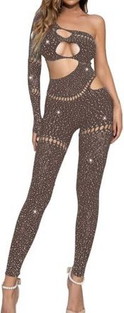 Generic 2026 Combinaison en maille et strass à manches longues pour femme - Transparente - Haut stretch - Tenue de club, café, Taille unique