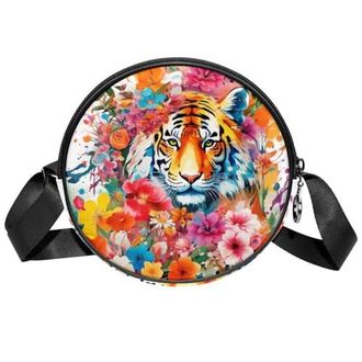 Generic Petit sac &agrave; bandouli&egrave;re rond pour femme, motif fleurs de tigre, sac &agrave; dos &agrave; bandouli&egrave;re r&eacute;glable avec fermeture &eacute;clair, sac &agrave; main rond d&eacute;contract&eacute; po