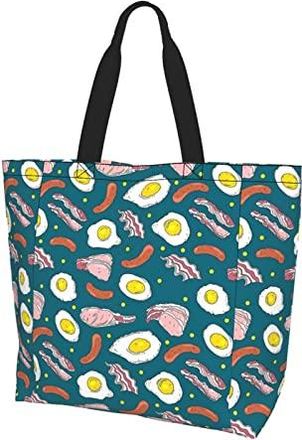 AOOEDM Petit d&eacute;jeuner bacon oeufs saucisses nourriture dames toile fourre-tout sac &agrave; provisions r&eacute;utilisable