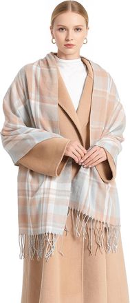 Miss Lulu Damen Schal Winter, weich warm kariert Oversized, Schottenkaro Wolle, lange gedrehte Fransen Stola, Deckenschal f&uuml;r Damen (Blau und Hellbraun)