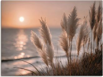 Artland Wanddeko Leinwand Bilder Wandbild 80x60 cm aesthetic room decor Meer Pampasgras Sonnenuntergang Boho deko U5XK