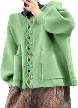 Generic Cardigan tricot&eacute; surdimensionn&eacute; pour femme avec boutons color&eacute;s et manches bouffantes avec poches, manteau de printemps pour femmes 2026, Vert, 3XL