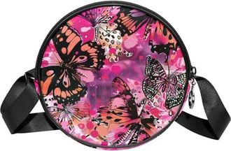 Generic Petit sac &agrave; bandouli&egrave;re rond pour femme, motif papillon et l&eacute;opard, avec fermeture &eacute;clair, bretelles r&eacute;glables, style d&eacute;contract&eacute;, pour femmes et fill