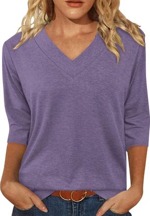 Minetom T Shirt Damen 3/4 Arm V-Ausschnitt T-Shirt Sommer Oberteil Pullover Herbst Basic Shirts A Violett XXL
