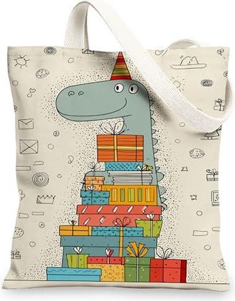 Generic Sacs fourre-tout en toile motif dinosaure, sacs dépicerie réutilisables, légers et lavables avec bandoulière, beige, 13x15 Inch