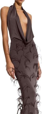 Sally Lapointe Lightweight Jersey Deep Cowl Neck Gown With Feathers Size S