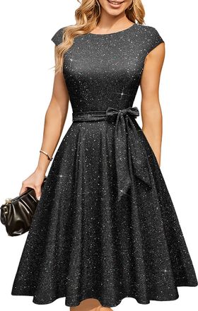 Dresstells Cocktailkleid Damen Glitzerkleid Rockabilly Abendkleider Elegant Hochzeitsgast Silvester Outfit Swing Festliche Weihnachtskleid Glitter Schwarz 2XL