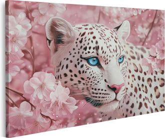 Islandburner Bild auf Leinwand Leopard mit blauen Augen in Kirschbl&uuml;tenwiese Bilder Wandbilder Poster
