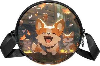 Generic Petit sac &agrave; bandouli&egrave;re Circle pour femme, petit sac &agrave; bandouli&egrave;re Corgi avec fermeture &eacute;clair, bretelles r&eacute;glables, sac &agrave; main rond d&eacute;contract&eacute; pour 