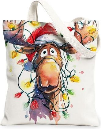 Generic Sacs fourre-tout en toile d&eacute;lan de No&euml;l, sacs d&eacute;picerie r&eacute;utilisables, l&eacute;gers et lavables avec bandouli&egrave;re pour voyage, Blanc, 13x15 Inch