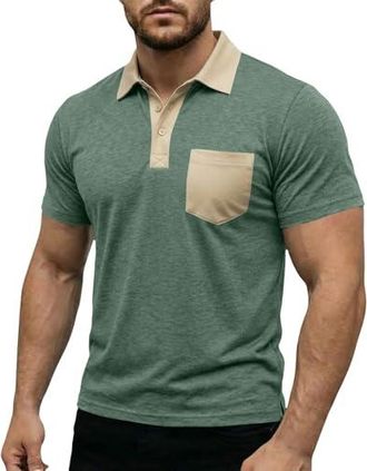 Generic DENGJIAMY Polo patchwork pour homme avec boutons Tredny et col en V - T-shirt d&eacute;t&eacute; &agrave; manches courtes - Chemises de golf pour activit&eacute;s en plein air - 