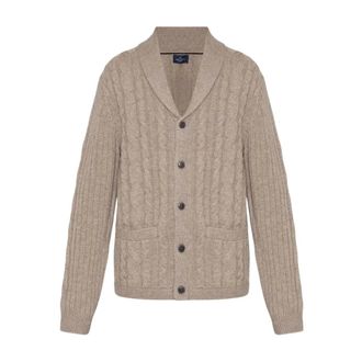 Hackett Cardigan &agrave; col ch&acirc;le en maille torsad&eacute;e - Homme - Pulls - Brun - Taille: XL