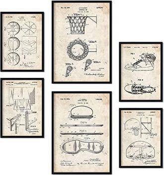Nacnic Ensemble de 6 affiches de brevets Basketball. Affiches avec des illustrations de brevets r&eacute;tro pour votre maison. D&eacute;coration int&eacute;rieure de style vinta