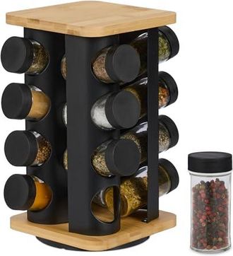 Relaxdays Gewürzkarussell, 16 Gewürzgläser, 360° drehbar, Edelstahl, Bambus, Glas, HxBxT: 28 x 20 x 20 cm, schwarz/Natur