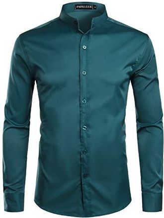 PARKLEES Chemise à manches longues pour homme - Couleur unie - Coupe ajustée - Facile à repasser - Col montant - Pour affaires - Loisirs, bleu-vert, XXL