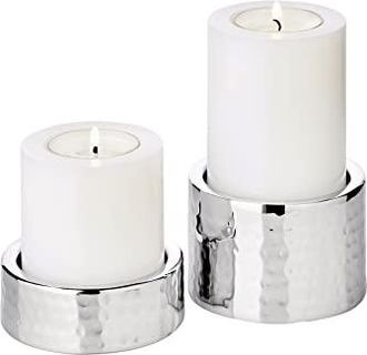 Edzard Lot de 2 bougeoirs Luca, en acier inoxydable martel&eacute; poli brillant, diam&egrave;tre 7,5 cm, hauteur 2,5 cm et 5 cm, pour bougies pilier &Oslash; 6 cm, id&eacute;al pour la