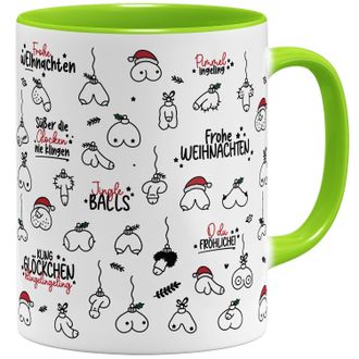 OM3 Lustige Jingle Balls Weihnachts Kaffee-Tasse mit Penisse - Pimmel Tasse Penis-Muster Doodle - Keramik Becher - 325ml - Beidseitig Bedruckt - Hellgr&uuml;n