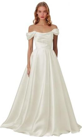 Generic Robe de bal longue fronc&eacute;e en satin &agrave; &eacute;paules d&eacute;nud&eacute;es pour femme avec poches, ivoire, 44