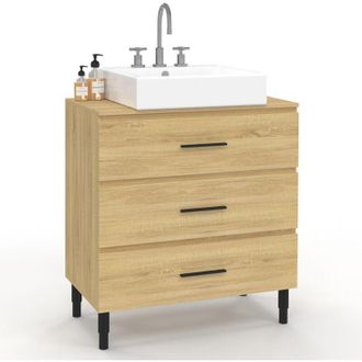 IDMarket Meuble sous vasque 80 cm salle de bain 3 tiroirs fa&ccedil;on h&ecirc;tre et noir avec pieds t&eacute;lescopiques