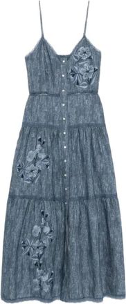 Ermanno Scervino Femme, Robes, Bleu, Taille: 38 FR Abito midi in lino effetto denim ricamo a fiori