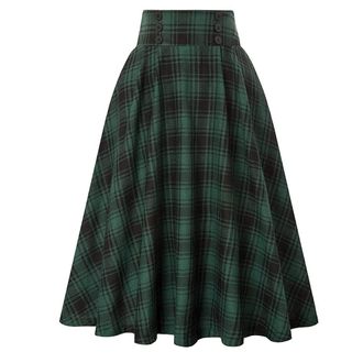 Minetom Damen Midi Faltenrock Kariert Hohe Taille A-Linie Lang Rock Plaid Midi Rock Vintage Swing Rock Rockabilly Skirt A Gr&uuml;n XL