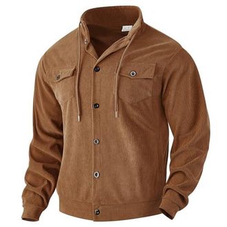 Generic Veste en velours c&ocirc;tel&eacute; pour homme, &agrave; manches longues avec boutonni&egrave;re et deux poches plaqu&eacute;es, marron, M