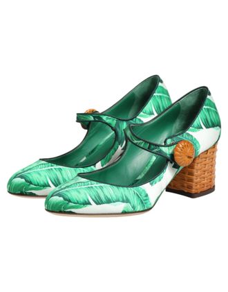 Dolce & Gabbana Silk Mary Jane with Leaf Print Heel - Green