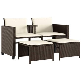 vidaXL Gartensofa 2-Sitzer mit Tisch und Hockern Braun Poly Rattan Vidaxl
