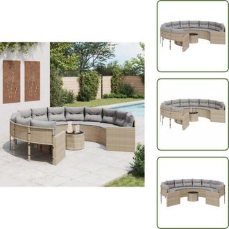 vidaXL Gartensofa mit Tisch und Kissen Rund Beige Poly-Rattan - Gartensofa - Outdoor-Sofa - Terrassenm&ouml;bel - Lounge Set - Rattanm&ouml;bel - The Living Store